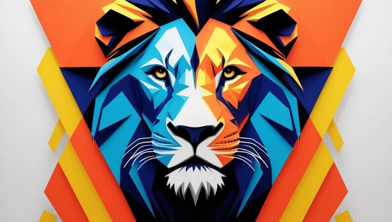 Stylized, Geometric Lion Head With Bold Lines and Vibrant Colors ...