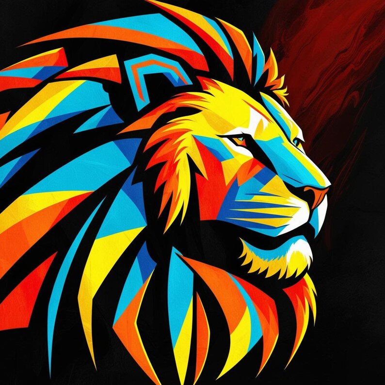 Stylized, Geometric Lion Head With Bold Lines and Vibrant Colors ...