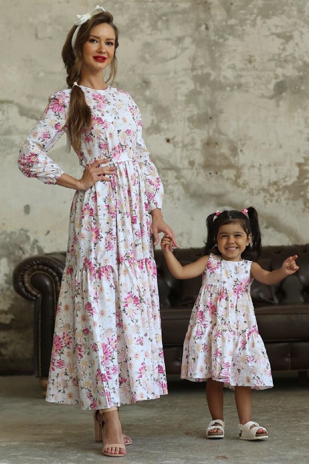 Mommy and Me Matching Dresses: Pink Floral Cotton Tiered Outfits - Etsy