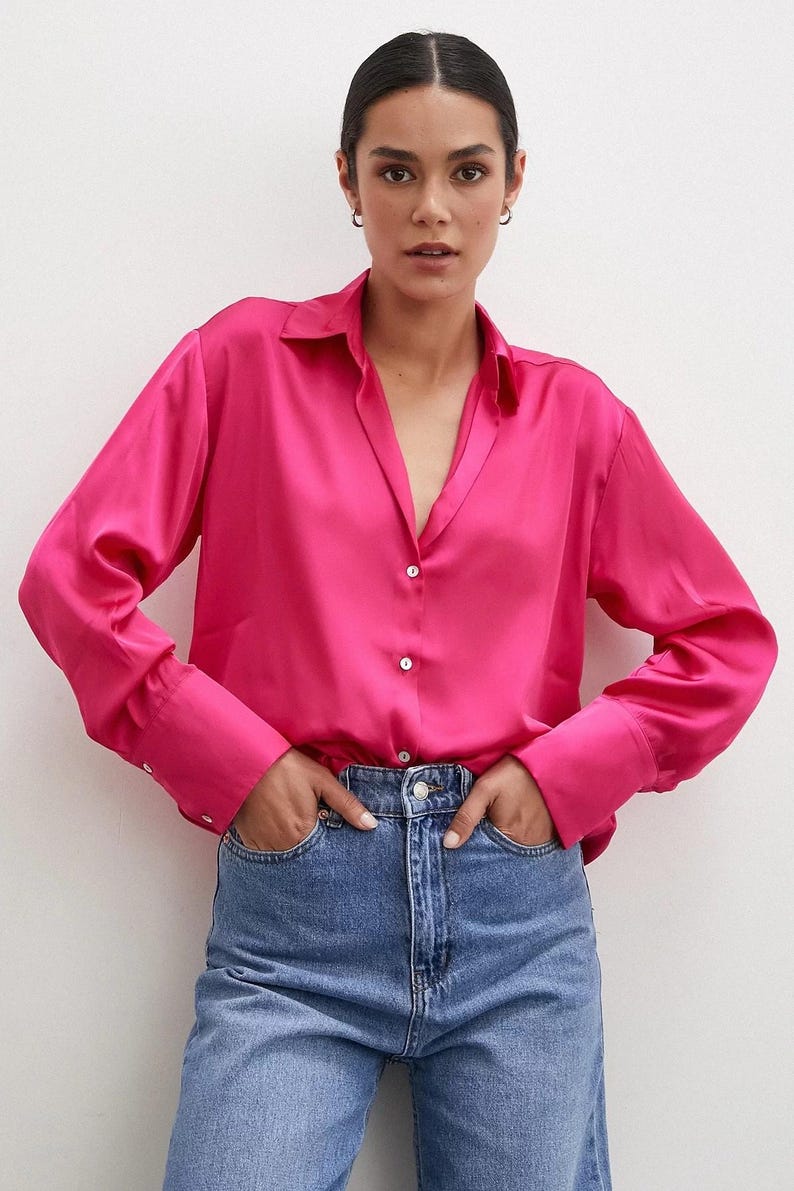 Hot Pink Satin Button-up Shirt: Women's Long Sleeve Blouse - Etsy