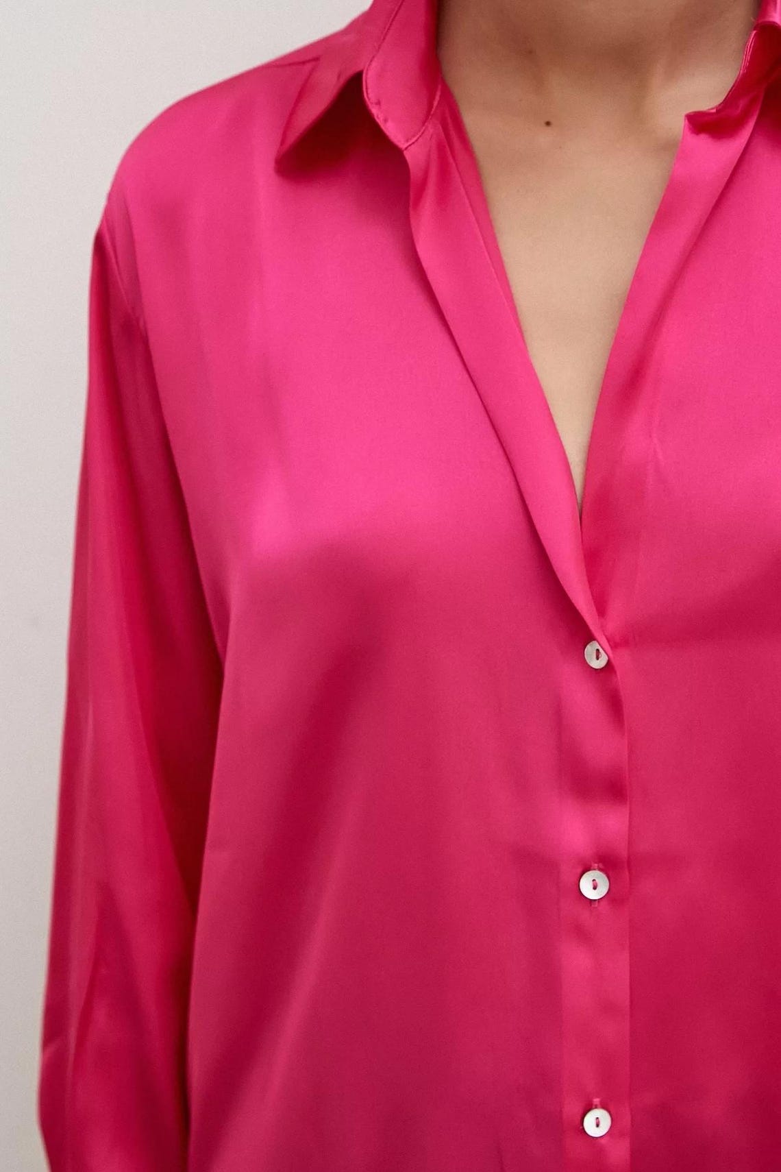 Hot Pink Satin Button-up Shirt: Women's Long Sleeve Blouse - Etsy