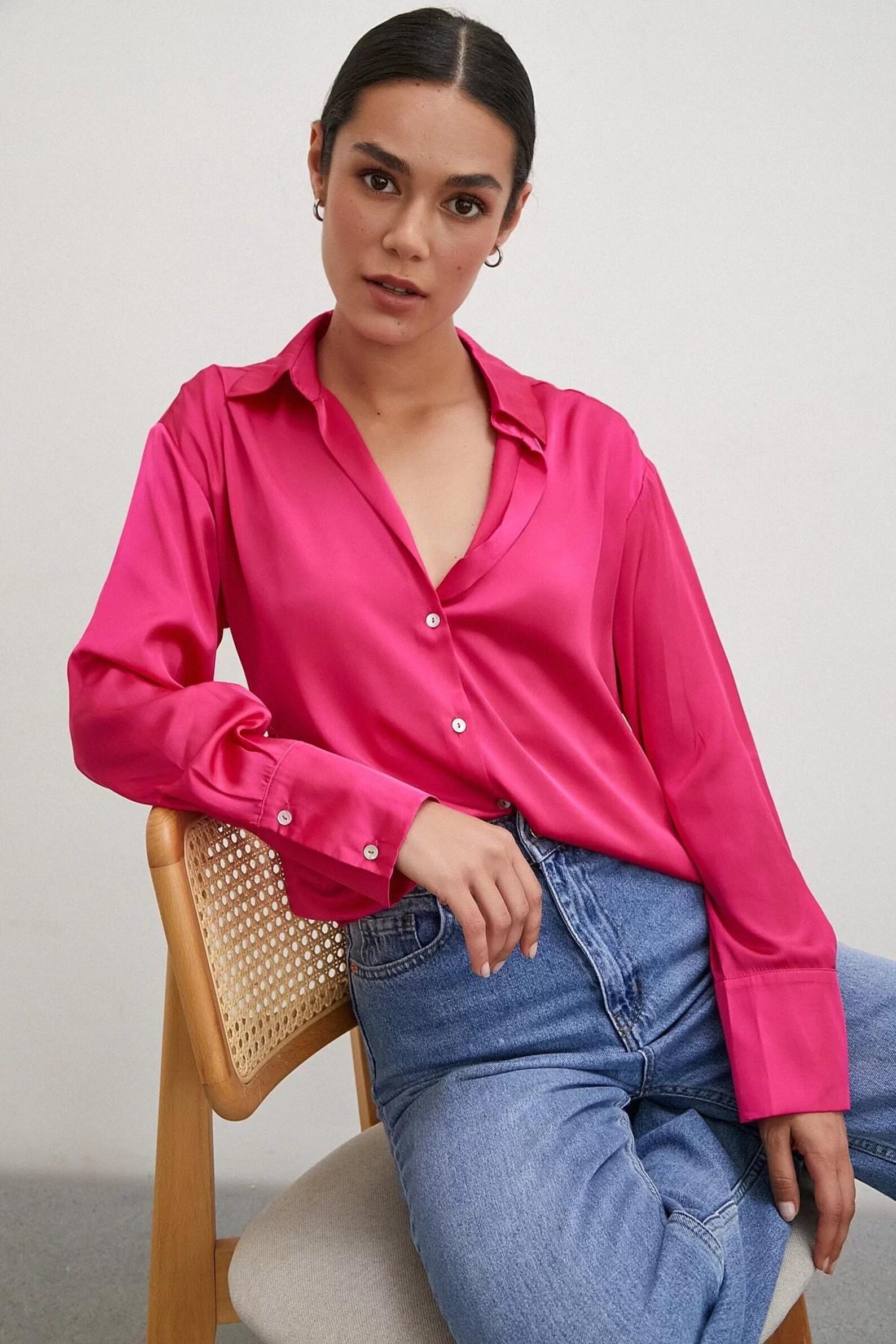 Hot Pink Satin Button-up Shirt: Women's Long Sleeve Blouse - Etsy