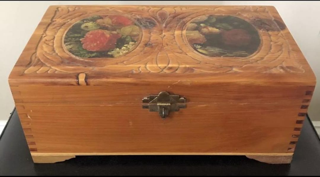 Vintage 1950s Carved Wood Candy Box, Floral Lid Insets, Mirror Inside ...