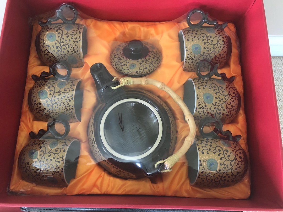 NEW 7 PC Luxury Chinese Ceramic Tea Set Unopened Black Gold Blue Tea ...