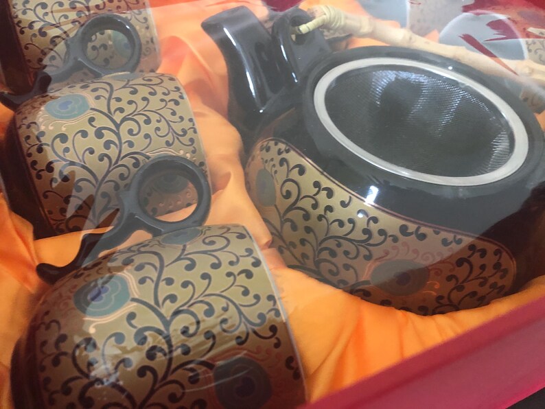 NEW 7 PC Luxury Chinese Ceramic Tea Set Unopened Black Gold Blue Tea ...