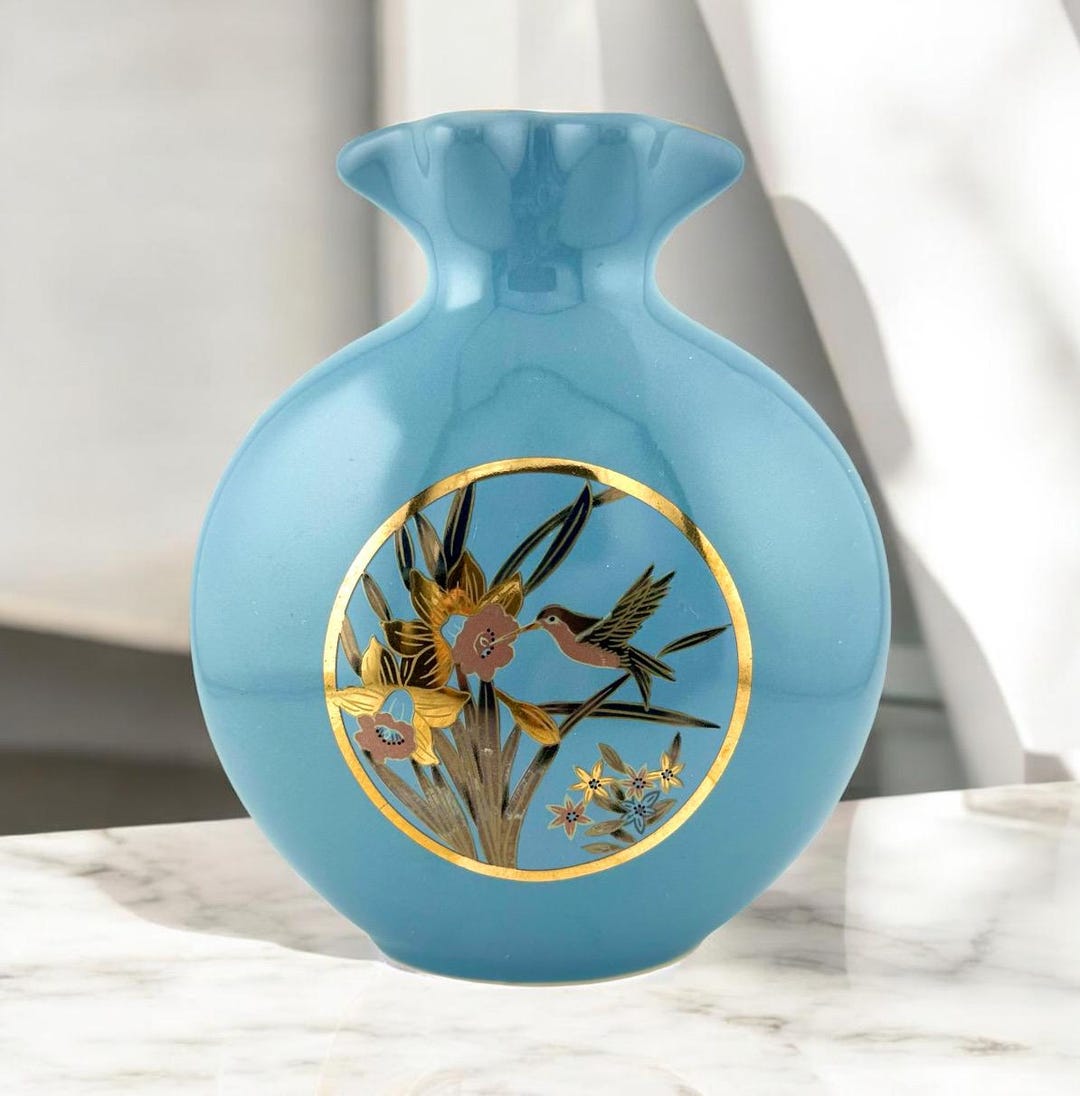 Vintage Robin Egg Blue Porcelain Vase With Hummingbird & Floral Gold ...
