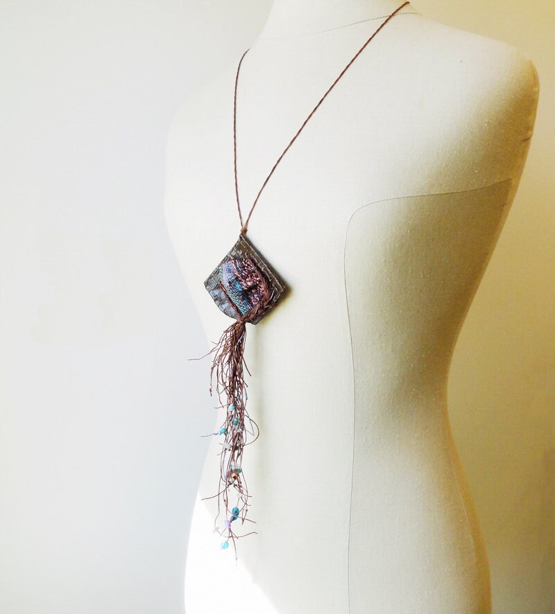 Woven Tapestry Necklace: Fiber and Pottery, Textile Jewelry, Statement ...