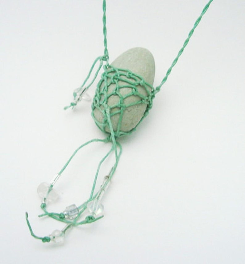 Boho Netted Stone Necklace: Rustic Rock Pendant, Aqua/green Cord - Etsy