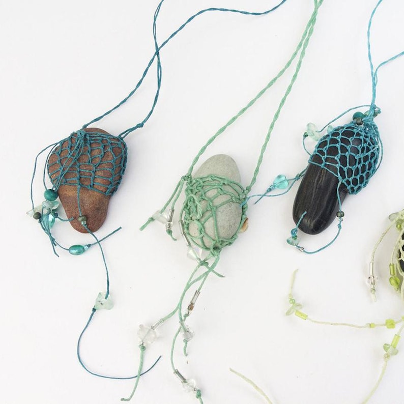 Boho Netted Stone Necklace: Rustic Rock Pendant, Aqua/green Cord - Etsy
