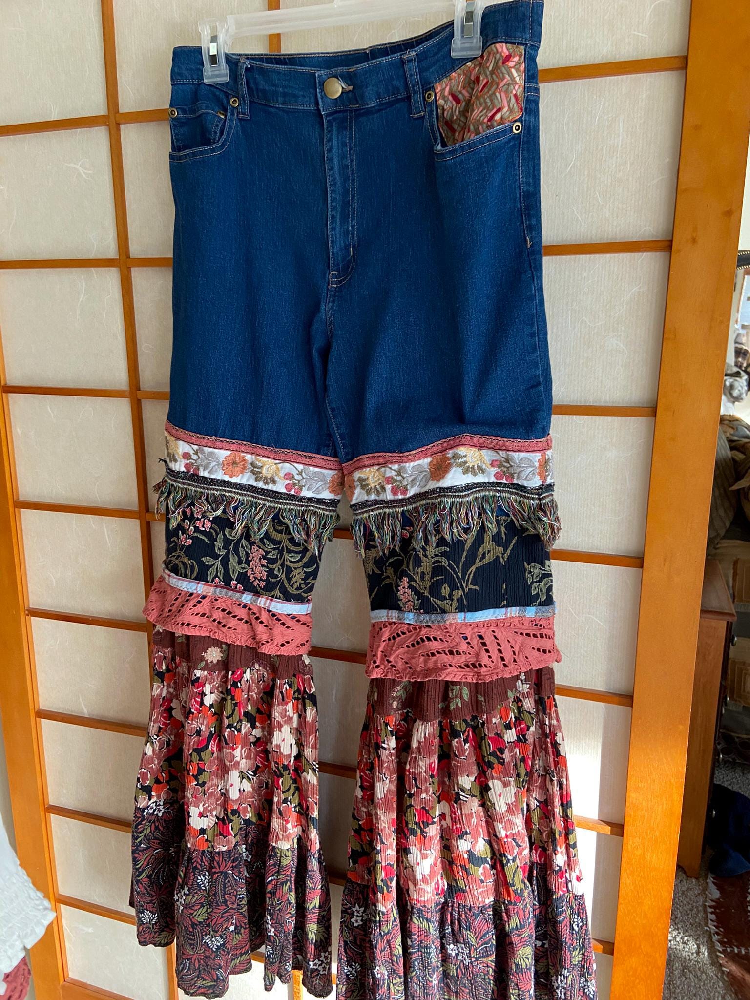Upcycled Boho Hippie Vibe Jeans With Wide Flounce Hem Size 10 - Etsy