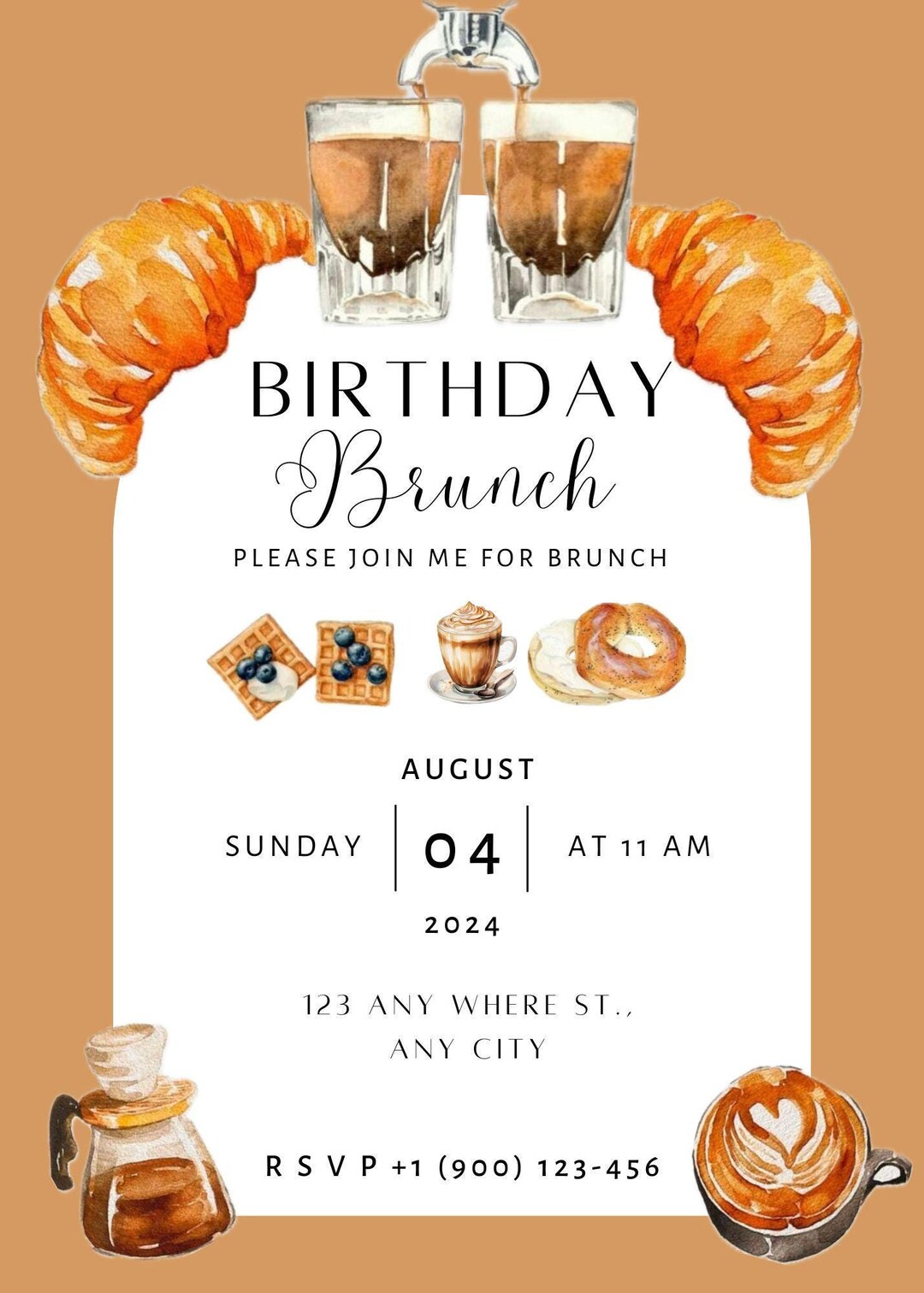 Birthday Brunch Invitation Template Coffee Brown, Croissant & Waffles ...