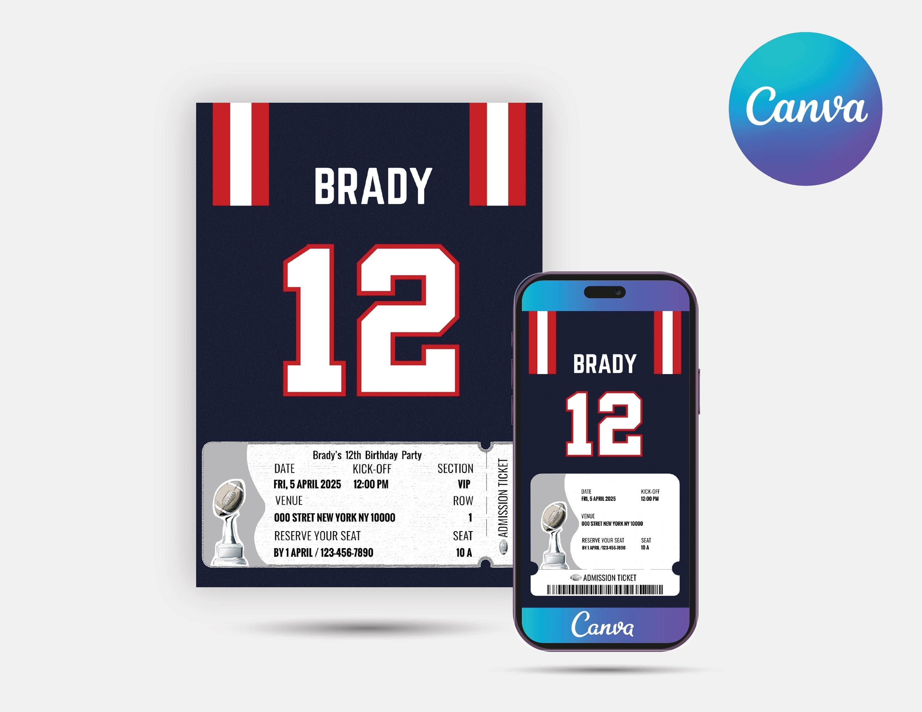 Patriots Brady Editable Birthday Invitation Print Canva Digital ...