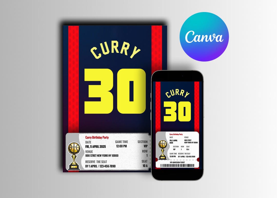 Warriors Curry Editable Birthday Invitation Print Canva Digital ...