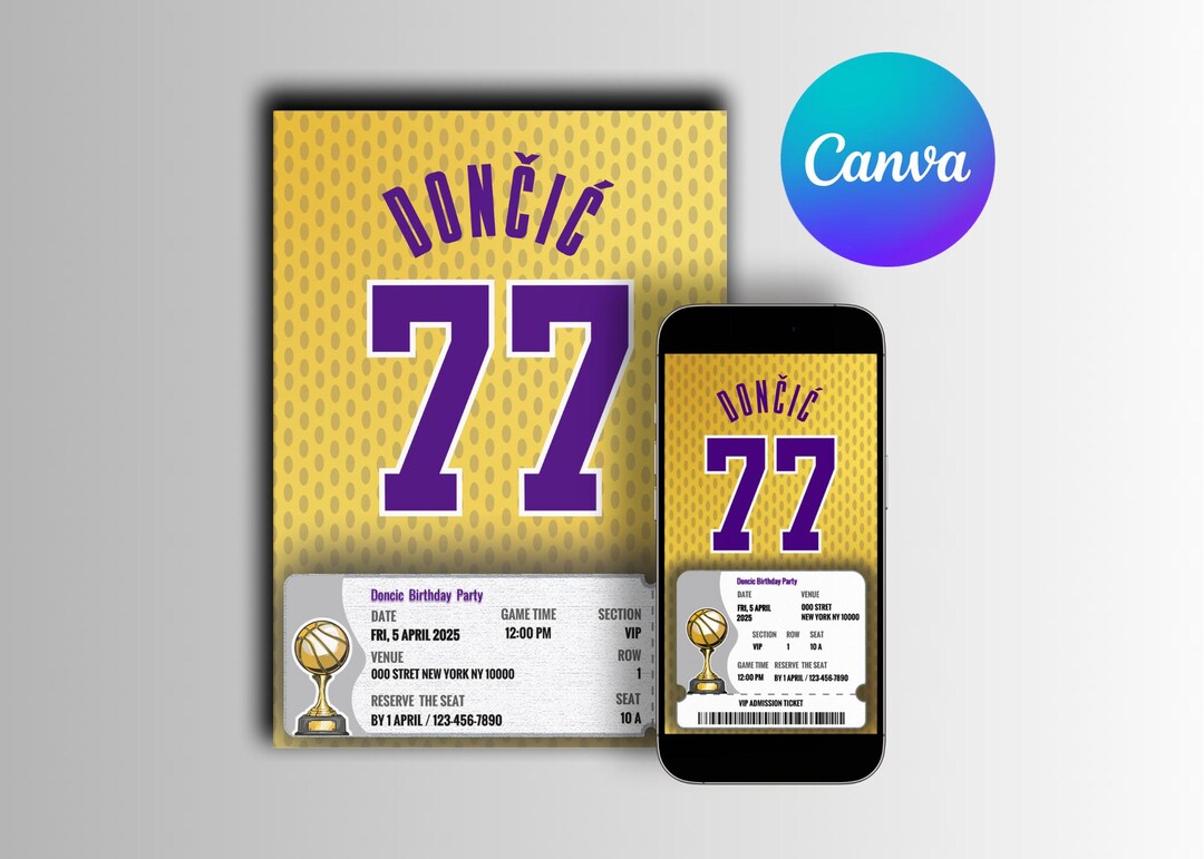 Birthday Invitation Editable Jersey Lakers Doncic Basketball Birthday ...