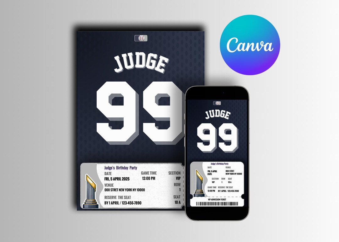 Yankees Judge Editable Birthday Invitation Print Canva Digital Template ...