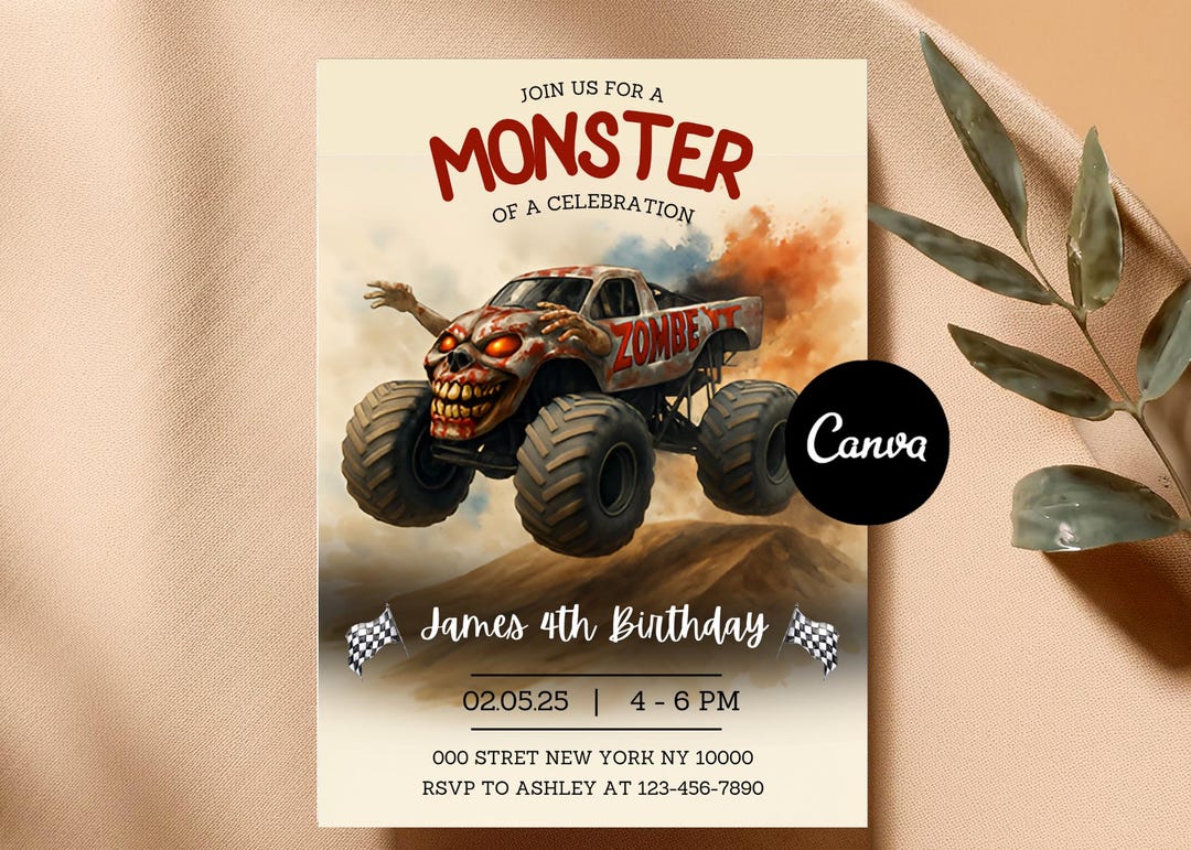 Editable Zombie Monster Truck Birthday Invitation Zombie Monster Truck ...
