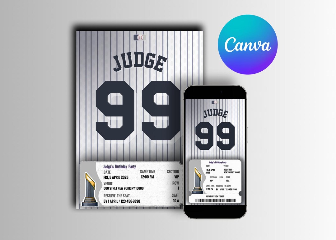 Birthday Invitation Editable Jersey Yankees Judge Birthday Invitation ...
