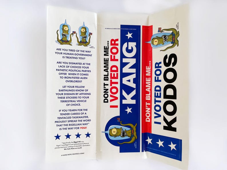 Simpsons Original Kang and Kodos Bumper Stickers Full Pamphlet Set Rare ...