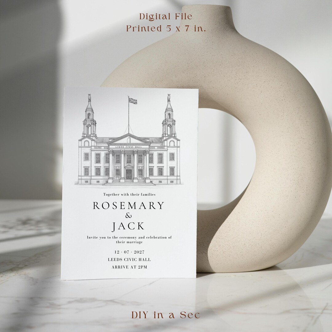 Leeds Civic Hall Wedding Invitation: Venue Sketch, Personalized Card ...