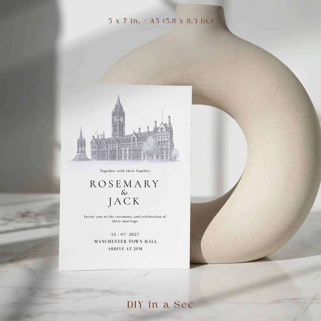 Manchester Town Hall Wedding Invitation: Venue Sketch, Personalized ...