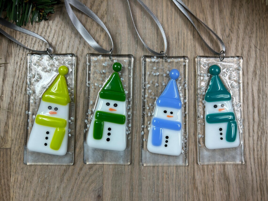 Fused Glass Snowman Ornament With Hydrangea Blue Scarf and Hat - Etsy