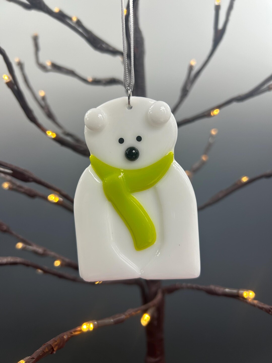 Fused Glass Polar Bear Ornament With Lime Green Scarf - Etsy