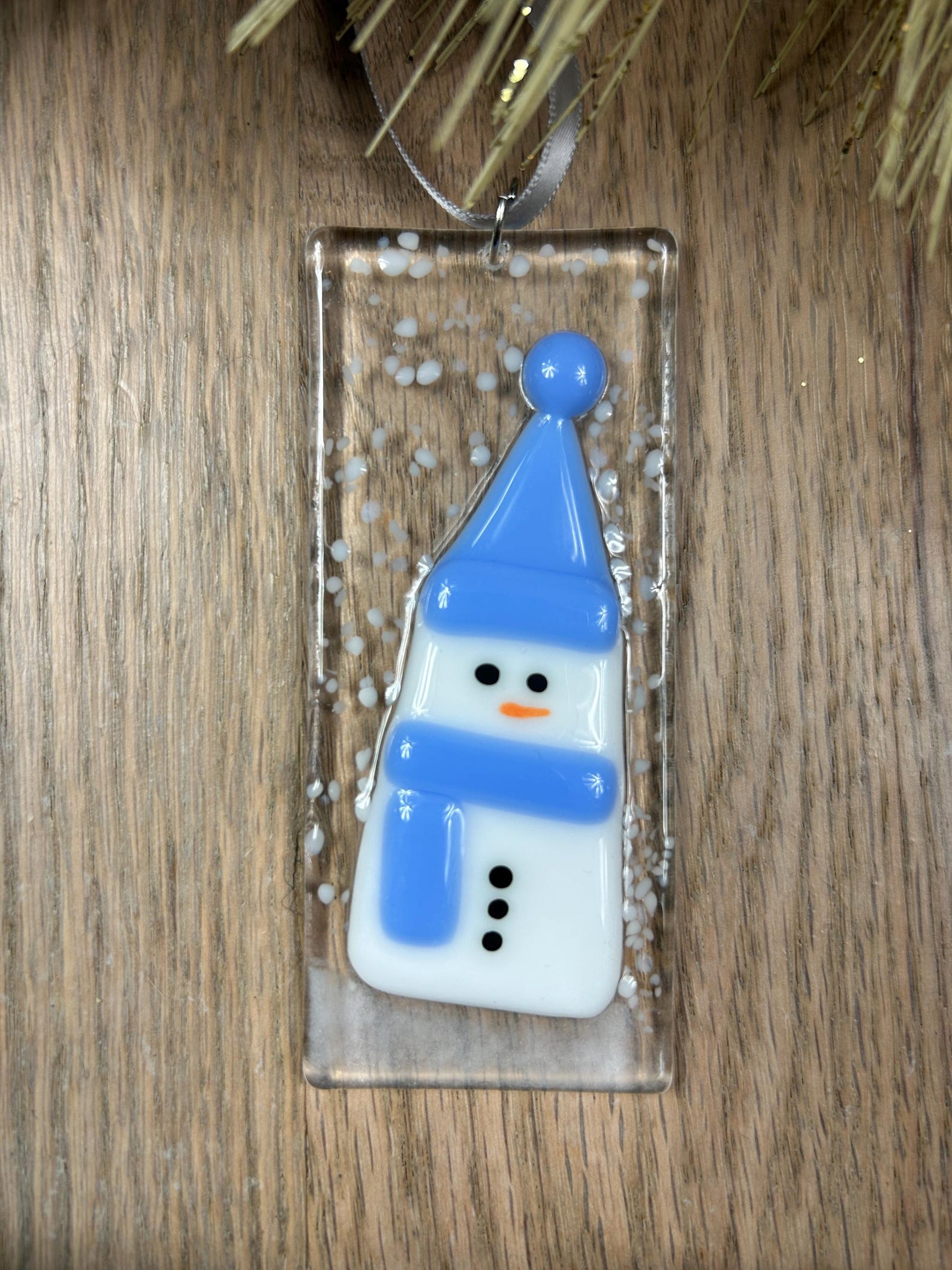 Fused Glass Snowman Ornament With Hydrangea Blue Scarf and Hat - Etsy