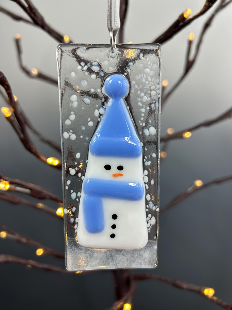 Fused Glass Snowman Ornament With Hydrangea Blue Scarf and Hat - Etsy