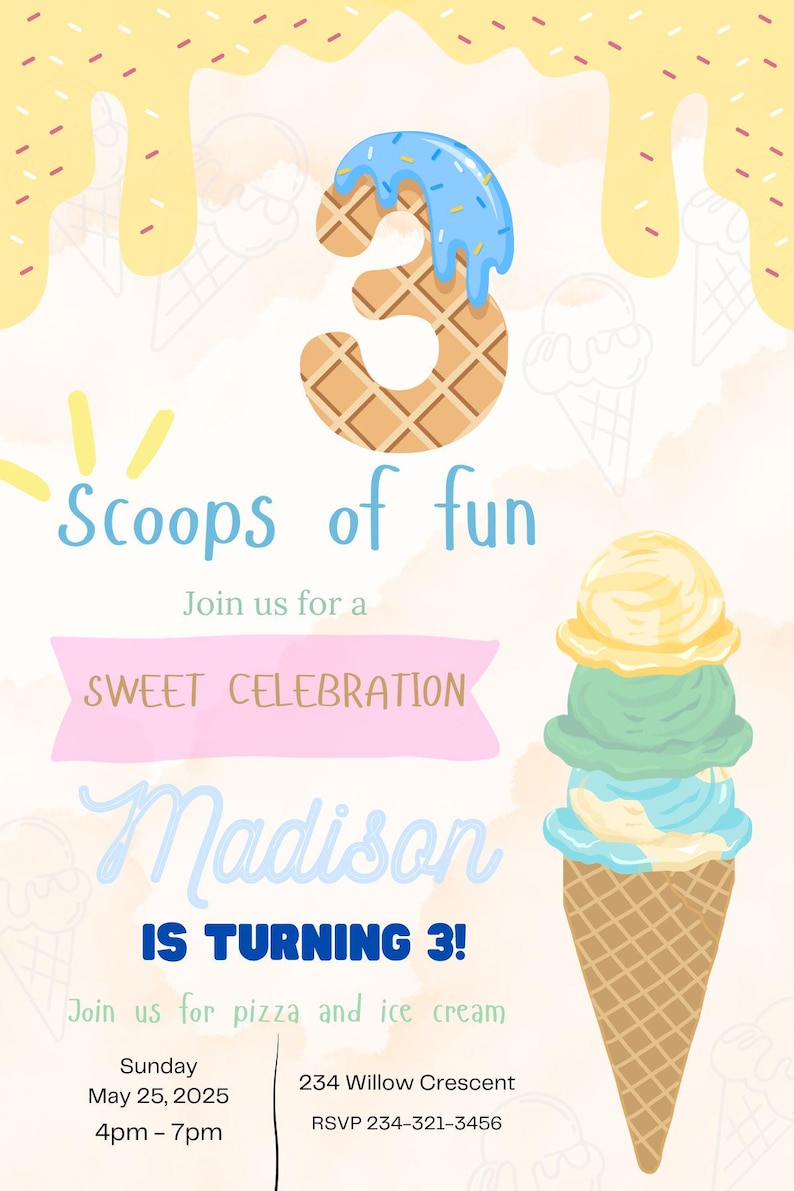 3 Scoops of Fun- Editable Birthday Invitation - Etsy