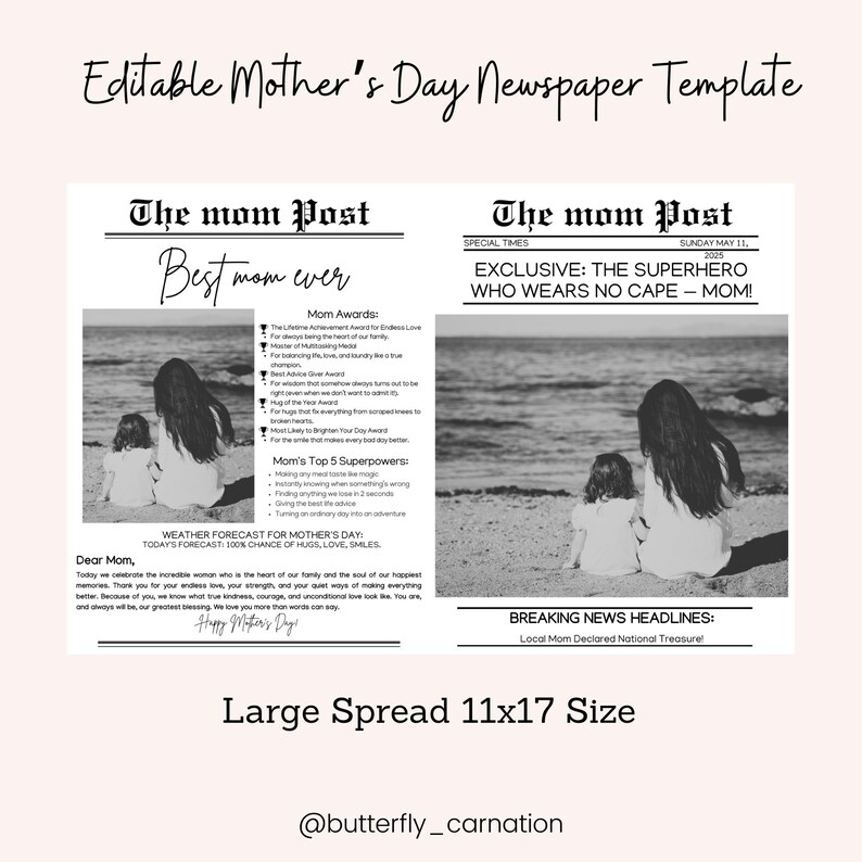 Mother’s Day Newspaper Template Canva | Editable Mothers Day Newspaper ...