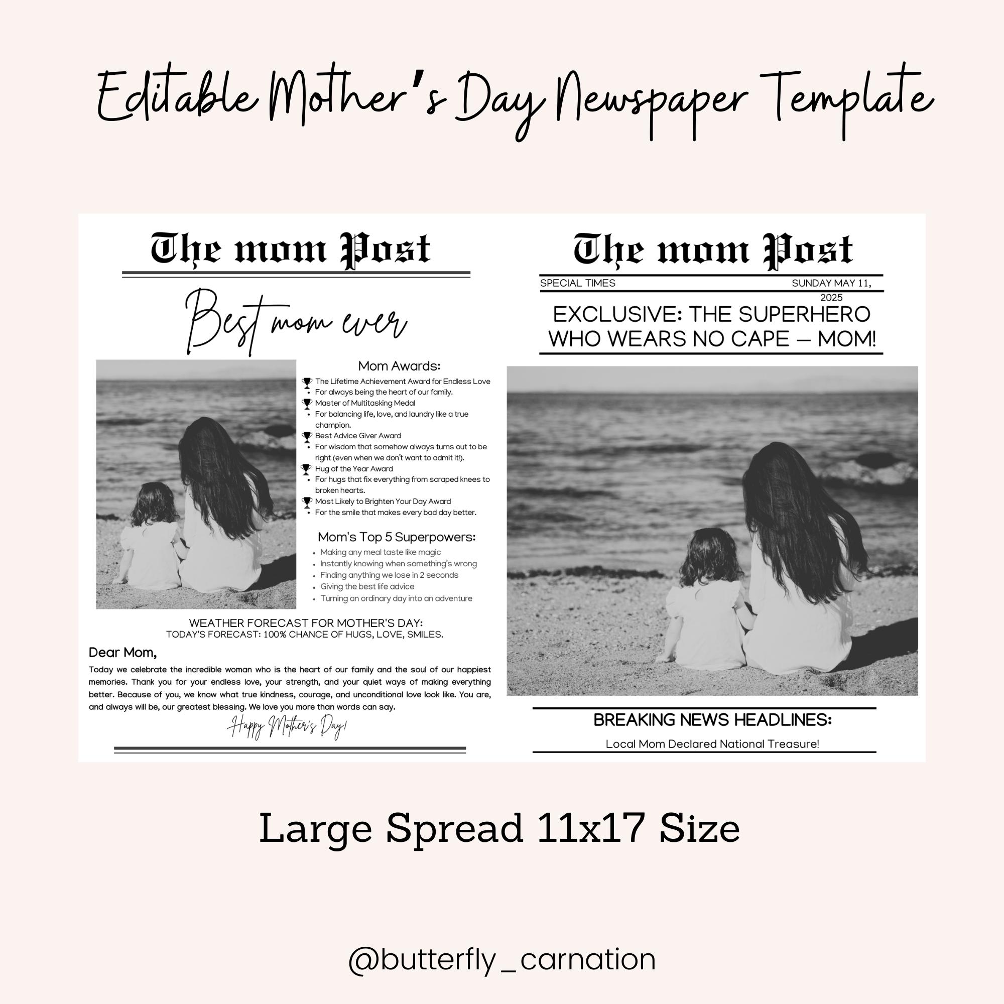 Mother’s Day Newspaper Template Canva | Editable Mothers Day Newspaper ...