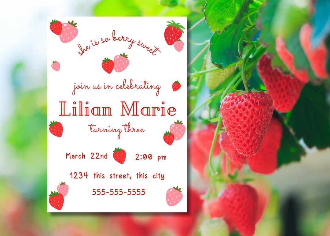 Berry Sweet Birthday Invitation: Strawberry Theme, Printable Template ...