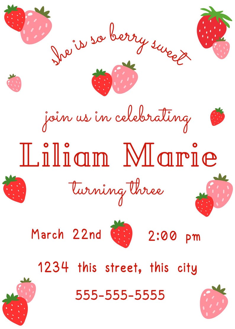 Berry Sweet Birthday Invitation: Strawberry Theme, Printable Template ...