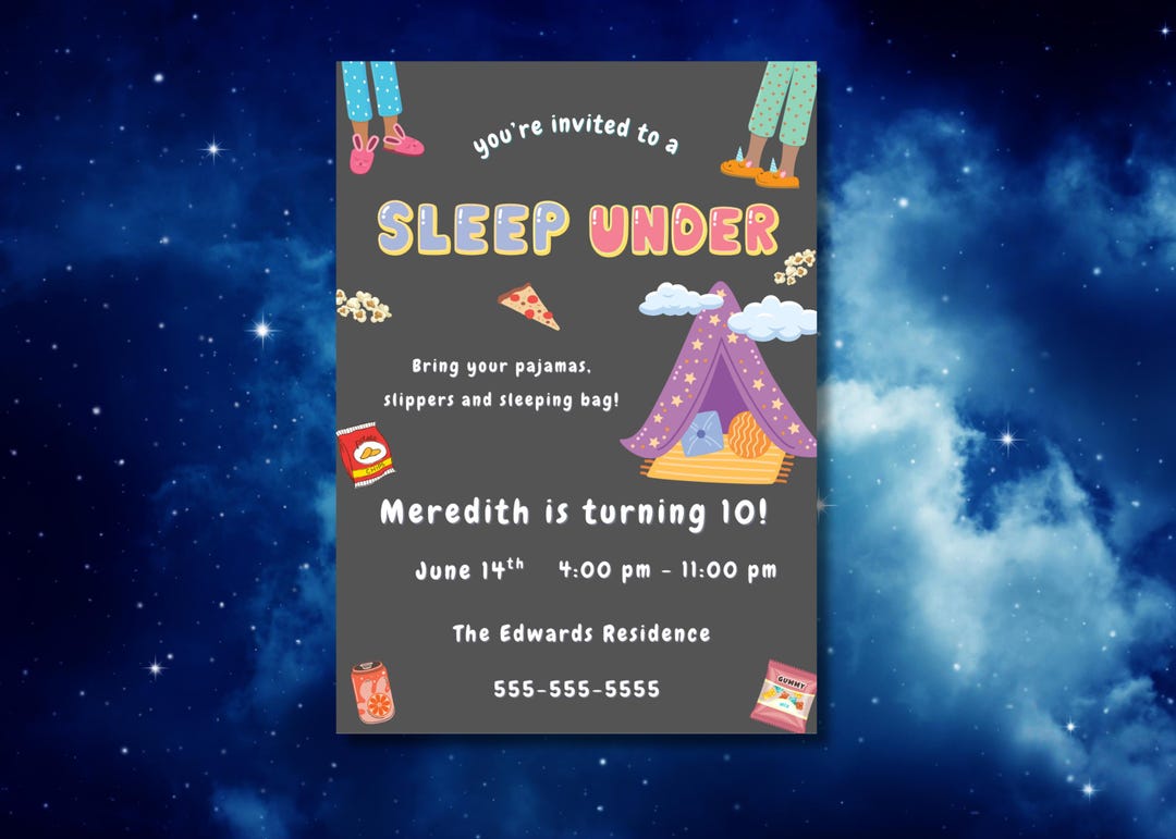 Sleep Under Birthday Party Invite: Editable Template (digital Download ...