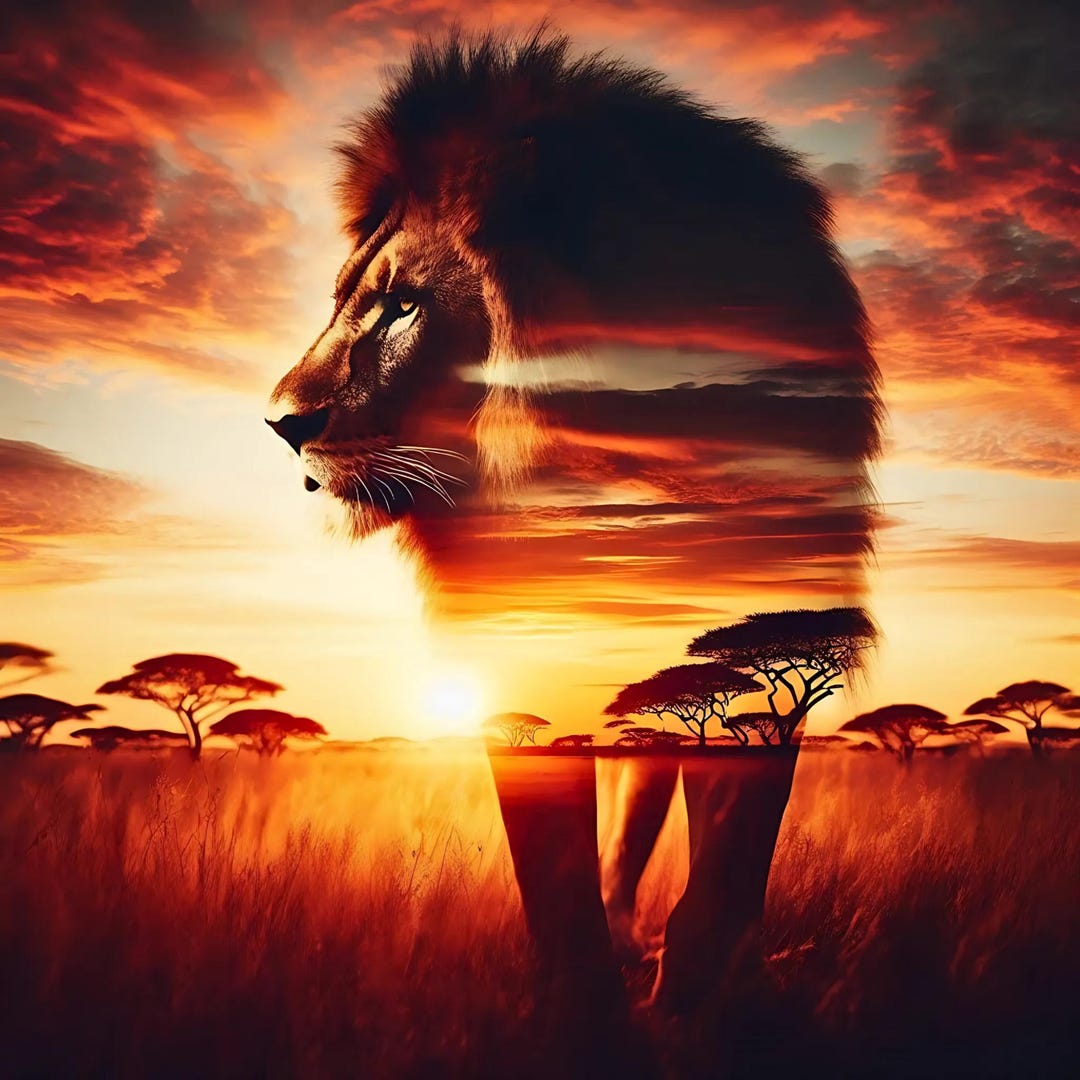 Lion Giraffe Zebra African Animals Serene Savanna Landscape Digital ...