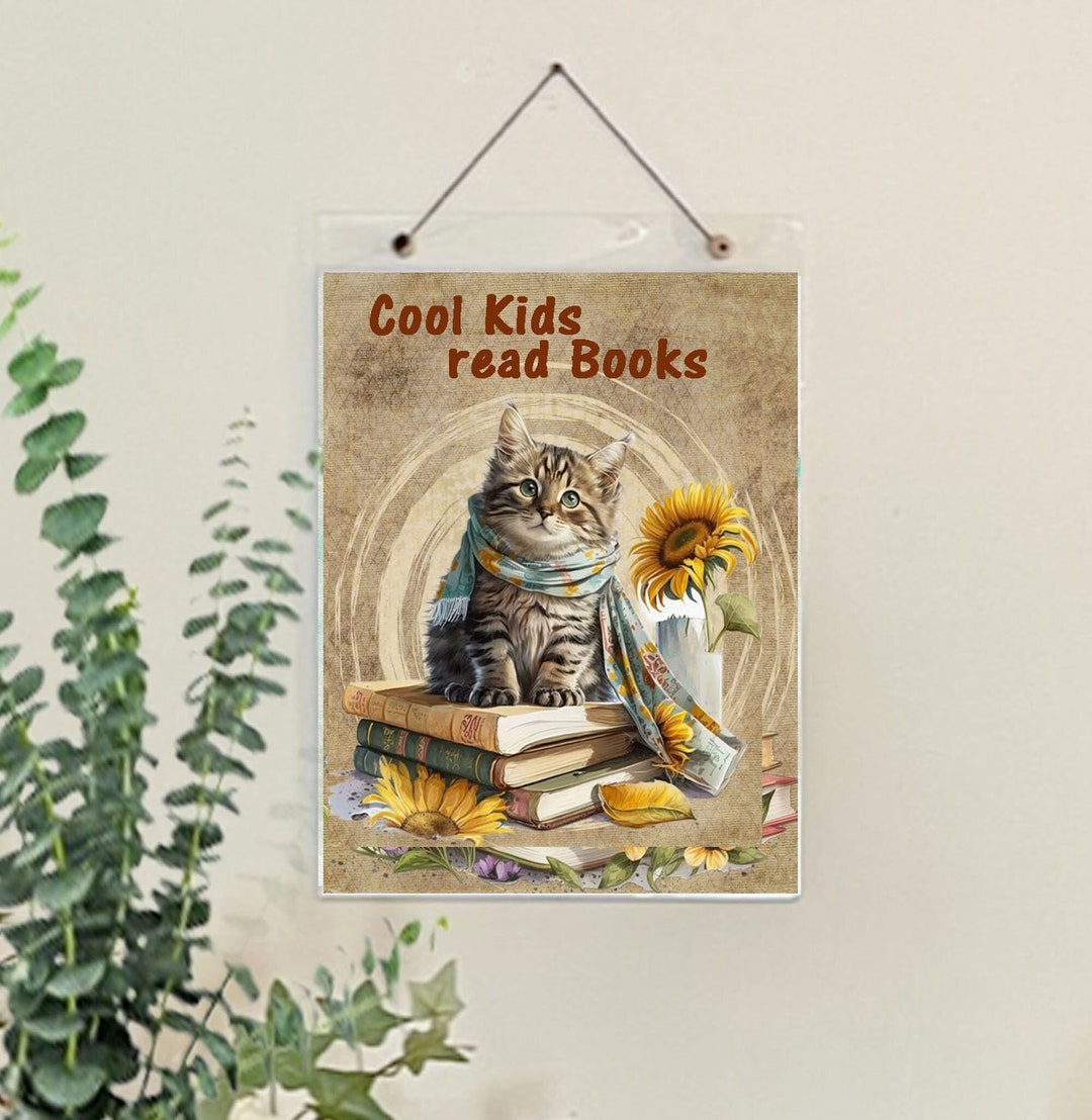 Cool Kids Read Books Framed Wall Art for Children, Cat and Books ...