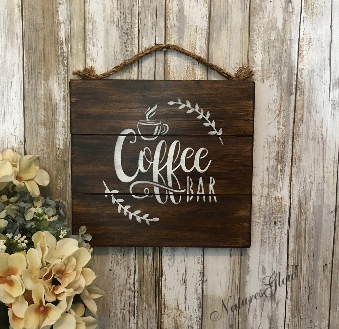 Coffee Bar Sign for Kitchen, Rustic Wood Office Coffee Station Wall ...