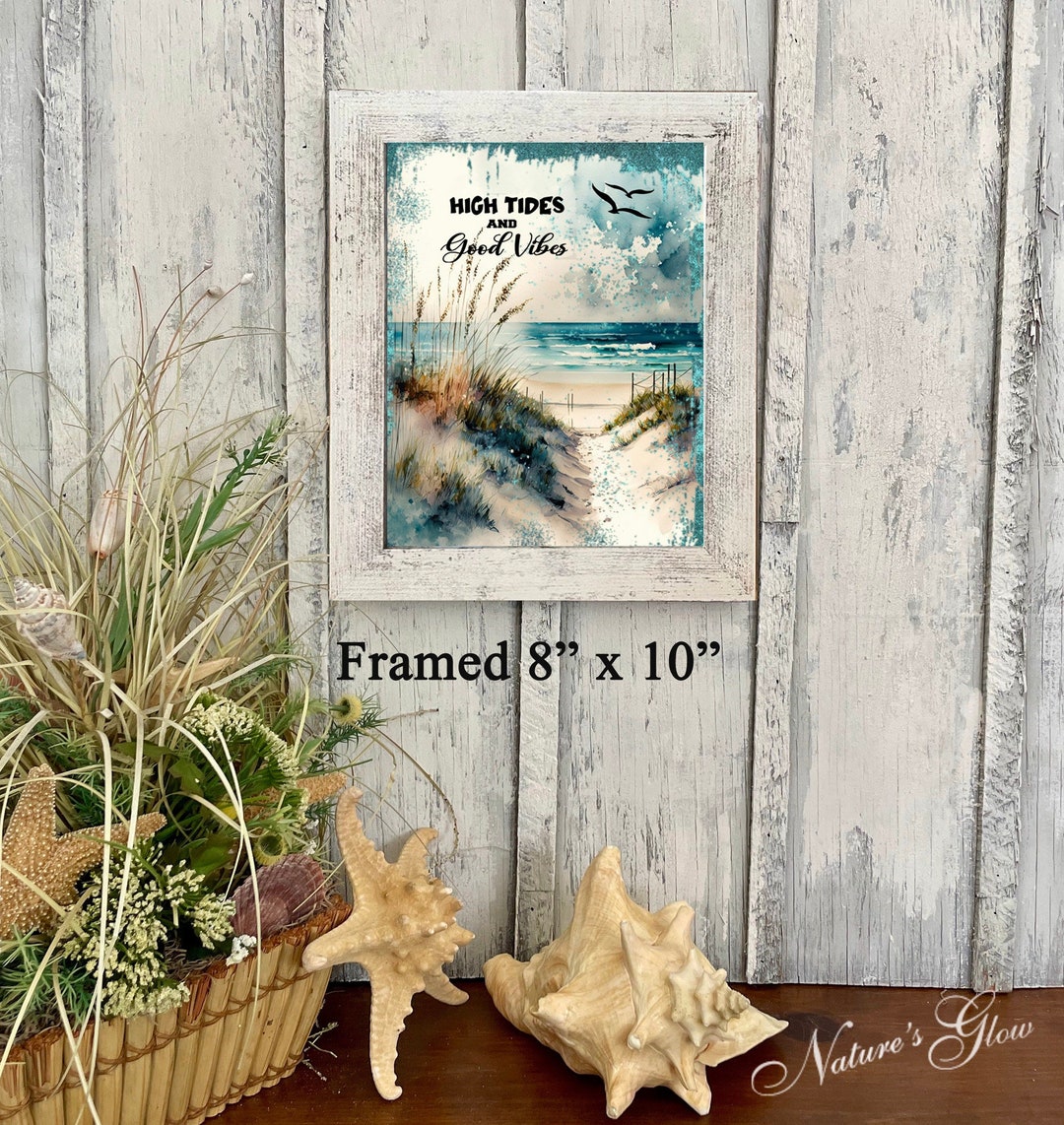 Framed Tropical Wall Art, High Tides and Good Vibes Beach Quote ...
