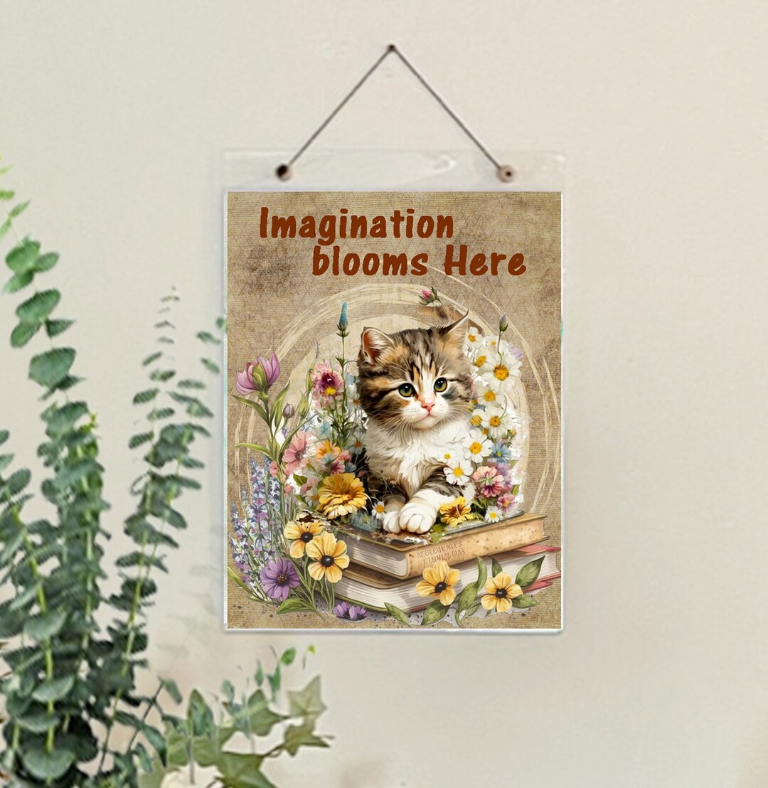 Imagination Blooms Here Reading Wall Decor for Children, Kitten on ...