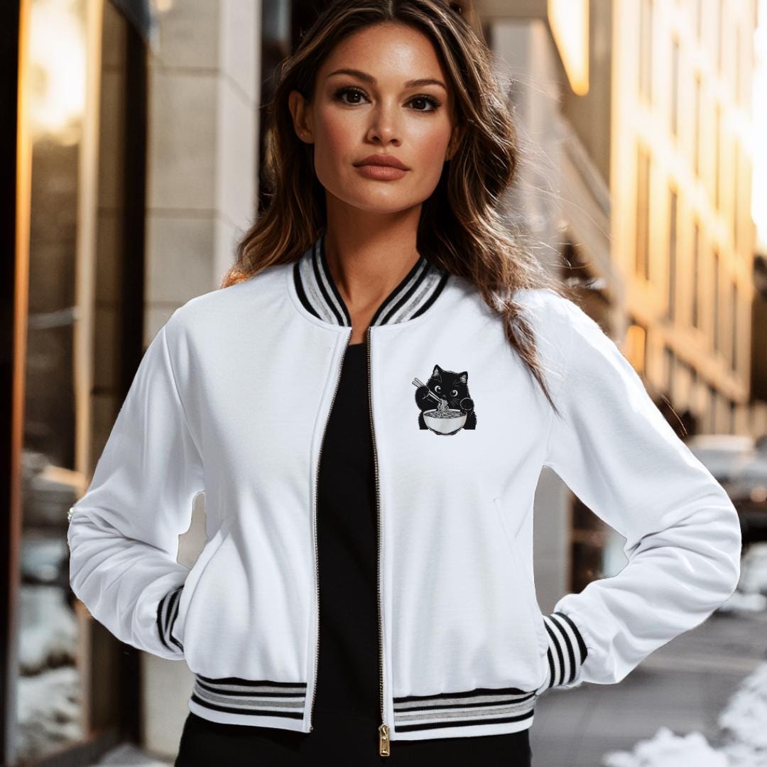 Varsity Jacket, Cat Eating Noodles Design, Cute Bomber Coat, Animal ...