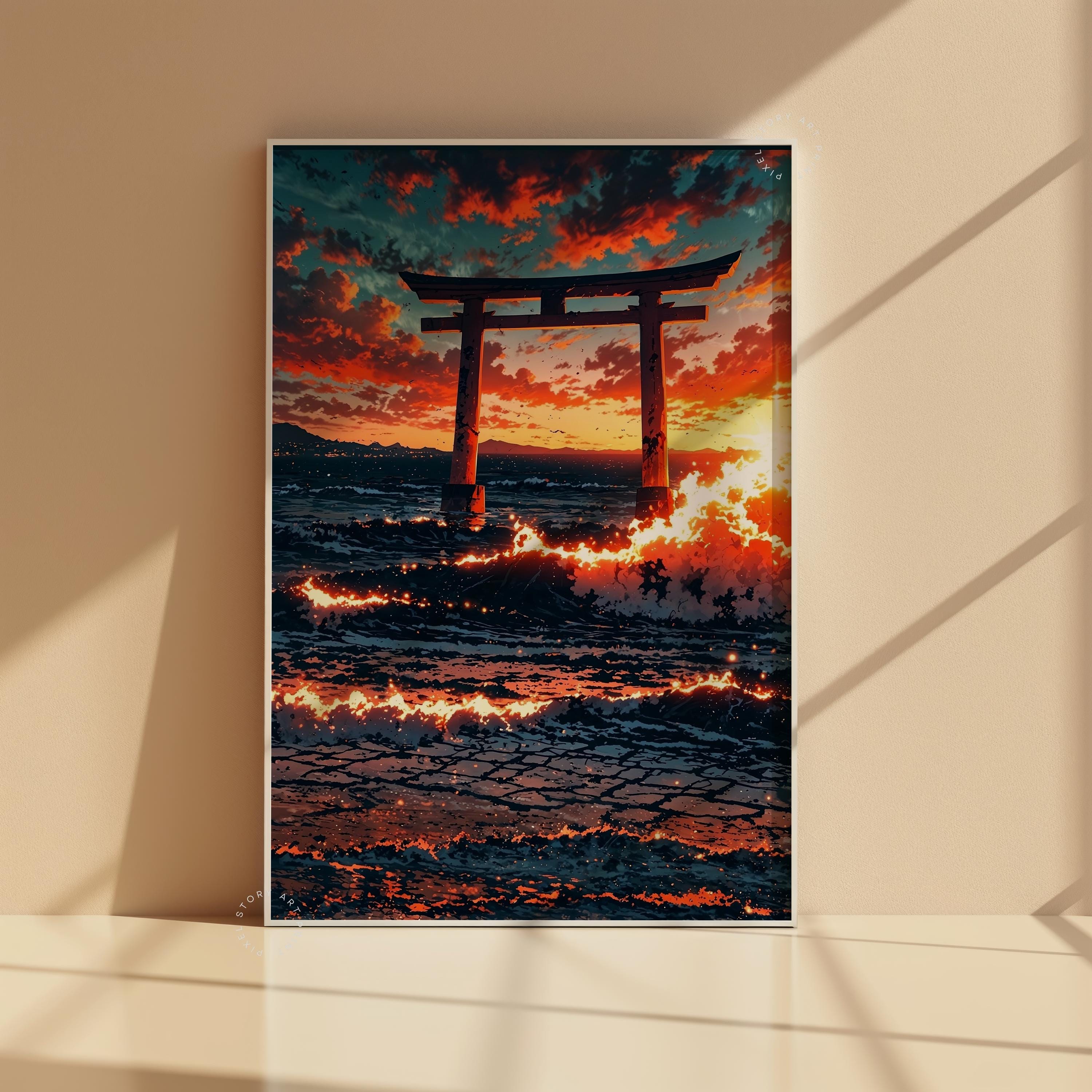 Torii Gate Sunset Wall Art, Japanese Ocean Shrine Printable, Fiery Sky ...