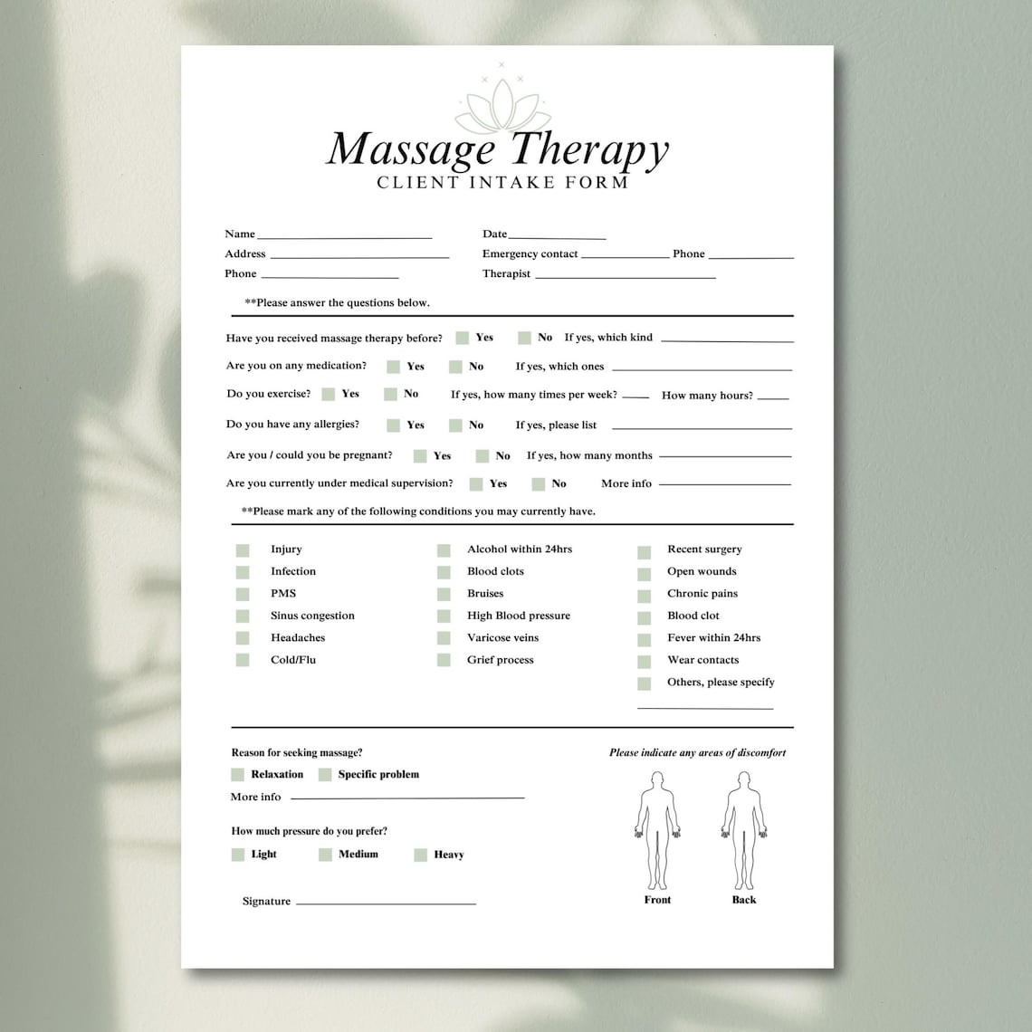 Customisable Massage Therapy Client Intake Form | Printable & Digital ...