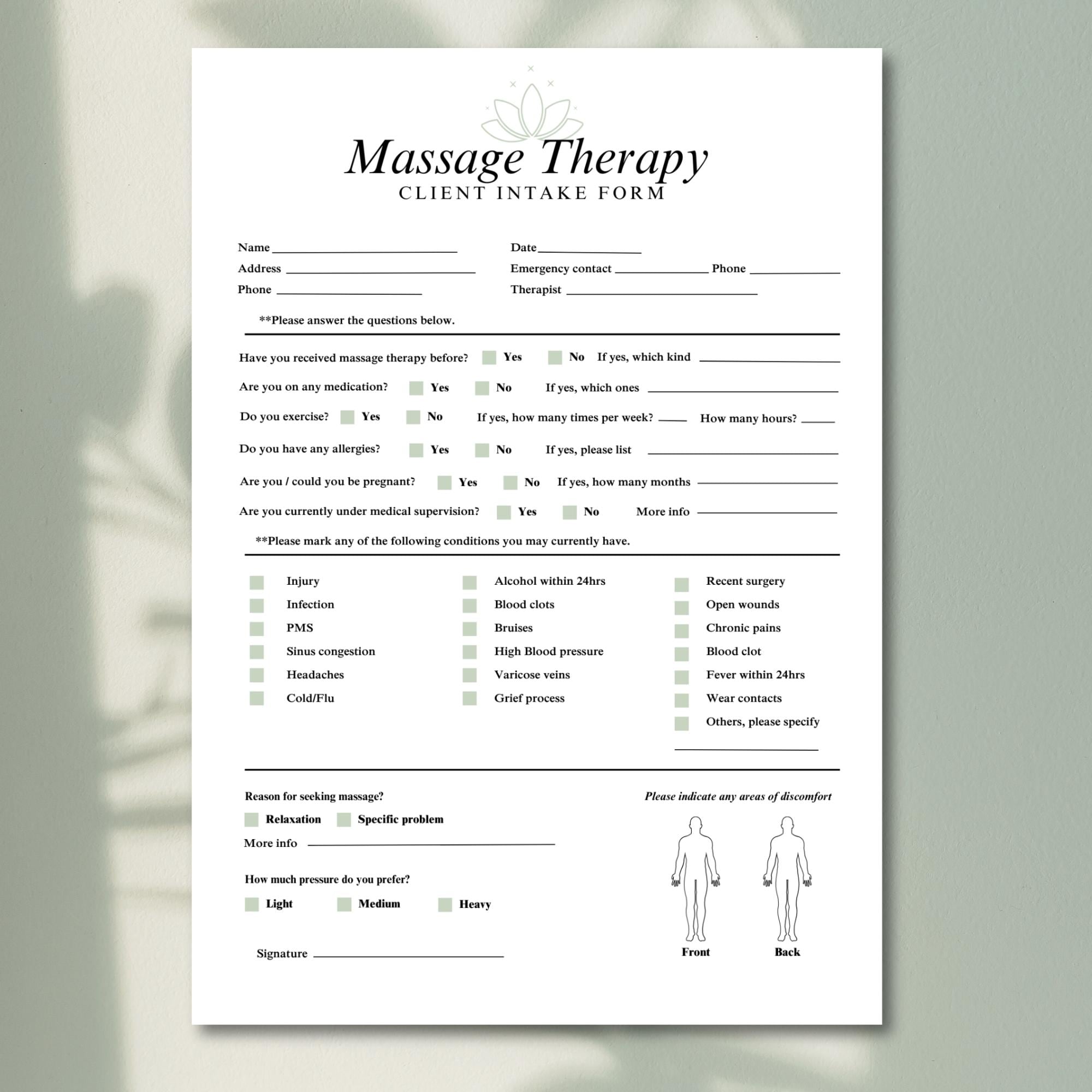 Customisable Massage Therapy Client Intake Form | Printable & Digital ...