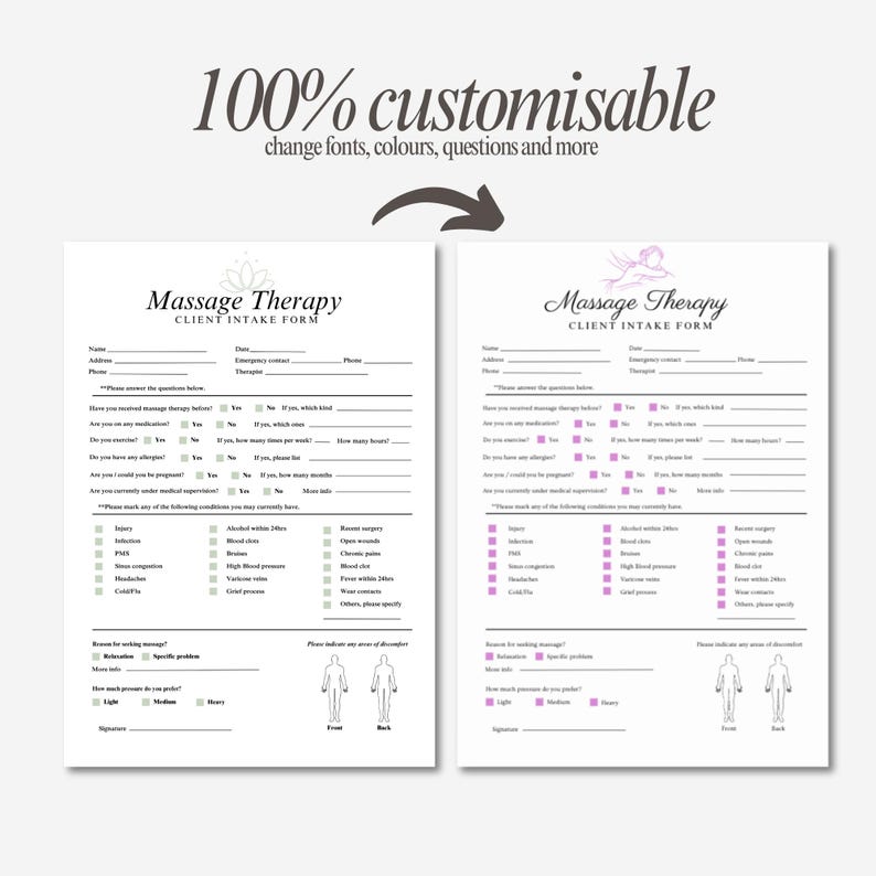 Customisable Massage Therapy Client Intake Form | Printable & Digital ...