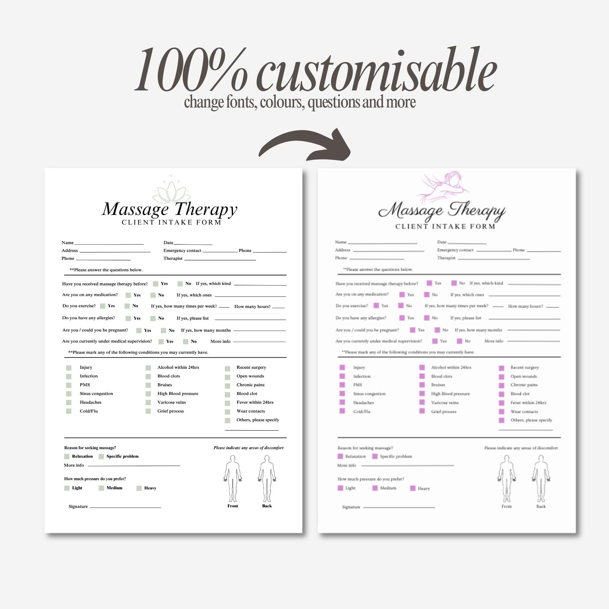 Customisable Massage Therapy Client Intake Form | Printable & Digital ...