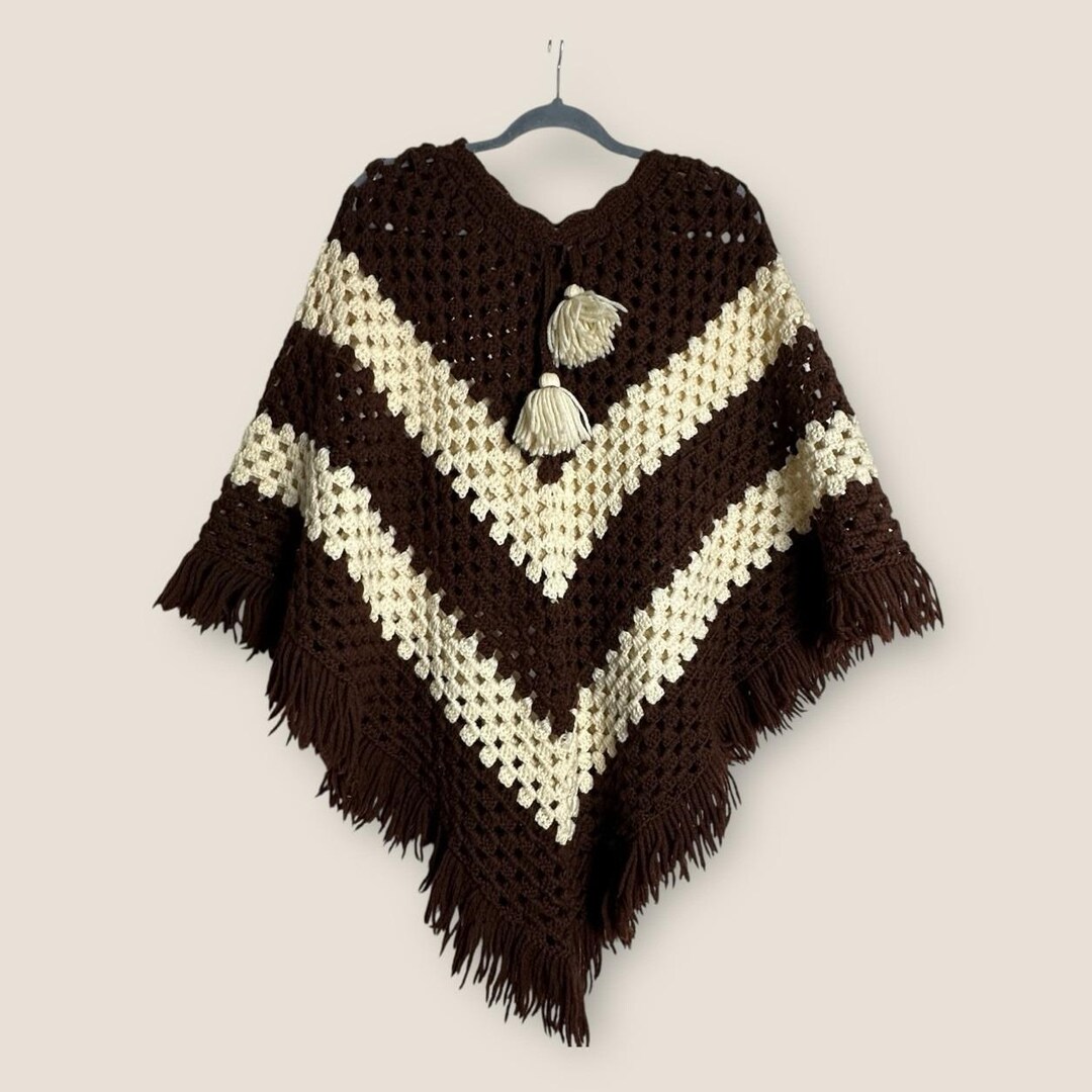 Crochet Women's Poncho - Brown & White - Vintage Boho Retro '70s ...
