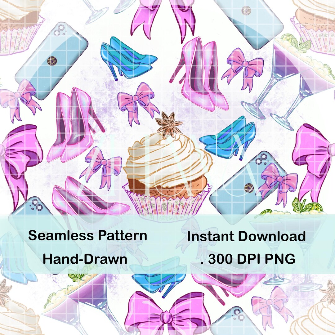 Hand-drawn Chic Fashion Seamless Pattern, High Heels, Cupcakes (PNG ...