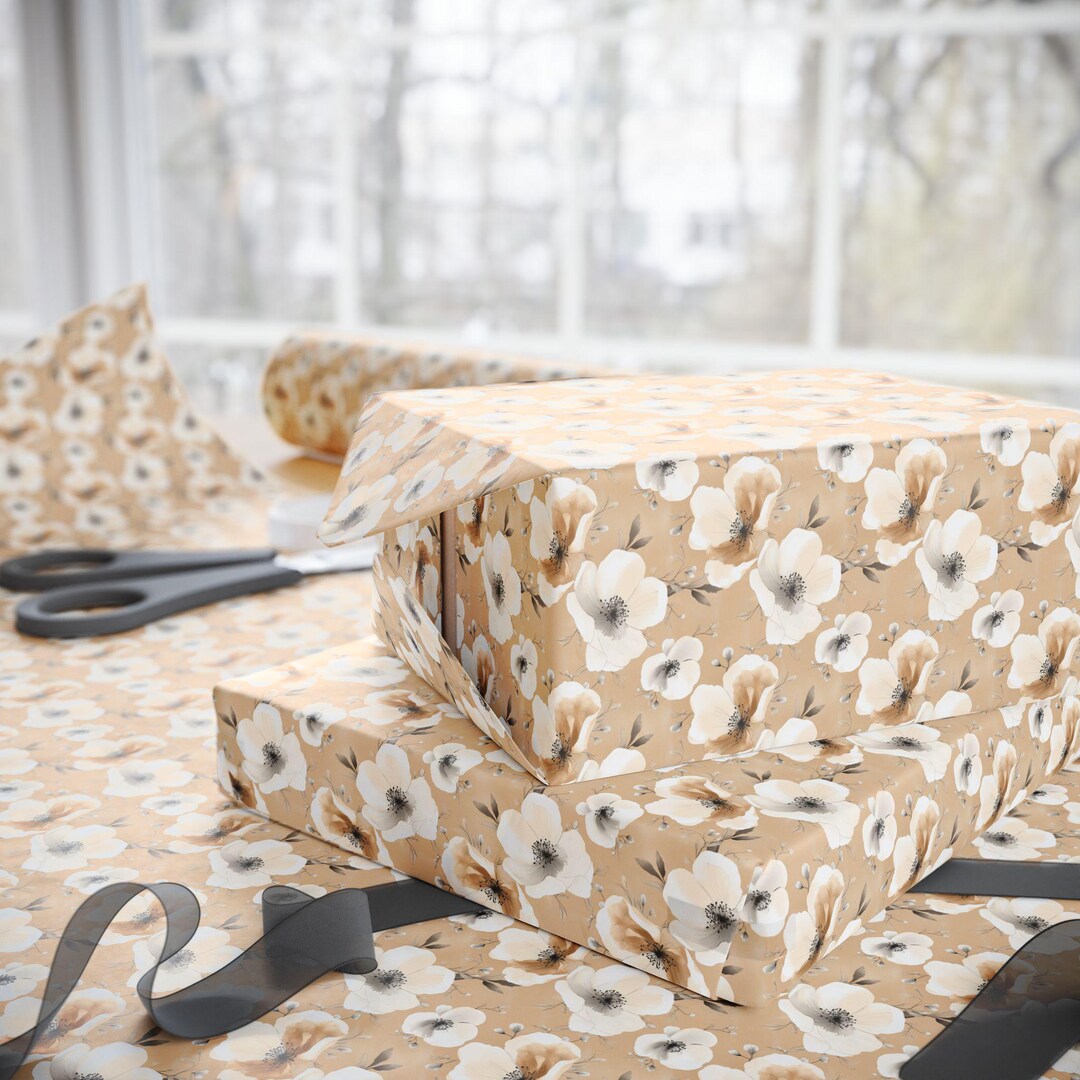 Floral Wrapping Paper: Beige & White Flower Design, Matte or Glossy - Etsy