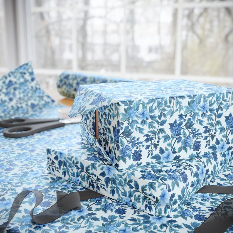 Blue Floral Gift Wrapping Paper: Wedding Bridal Fine Art Paper - Etsy