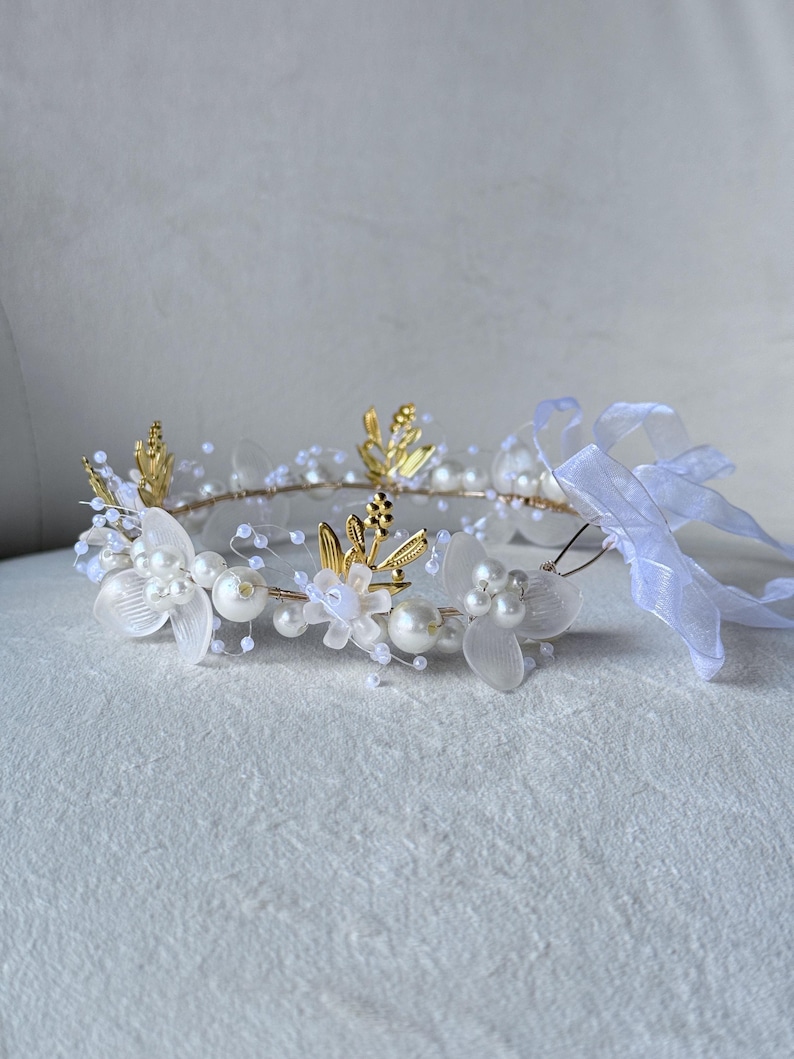 White Pearl Ribbon Flower Crown, Bridal Floral Headband, Elegant Flower ...